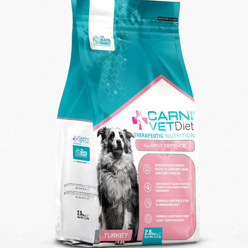 Сухой корм carni Vet Diet Dog Allergy Defense для собак при аллергии, здоровая кожа и шерсть, индейк