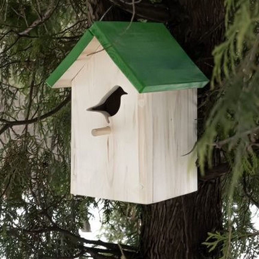 Скворечник WoodFun Птичка c зеленой крышей, натуральное дерево, 31x21x16 см