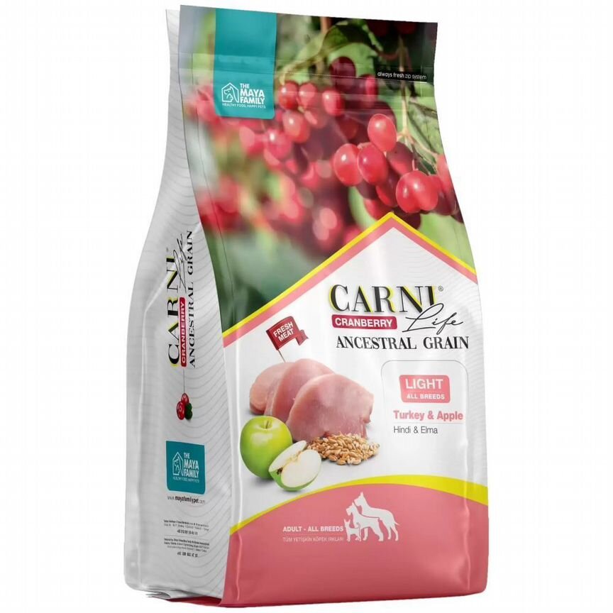 Сухой корм carni life Light для взрослых собак, контроль веса с индейкой, яблоком и клюквой - 2,5 кг