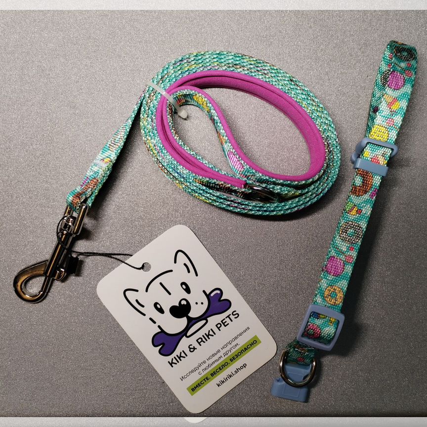 Поводок и ошейник с ярким принтом для мини пёсика