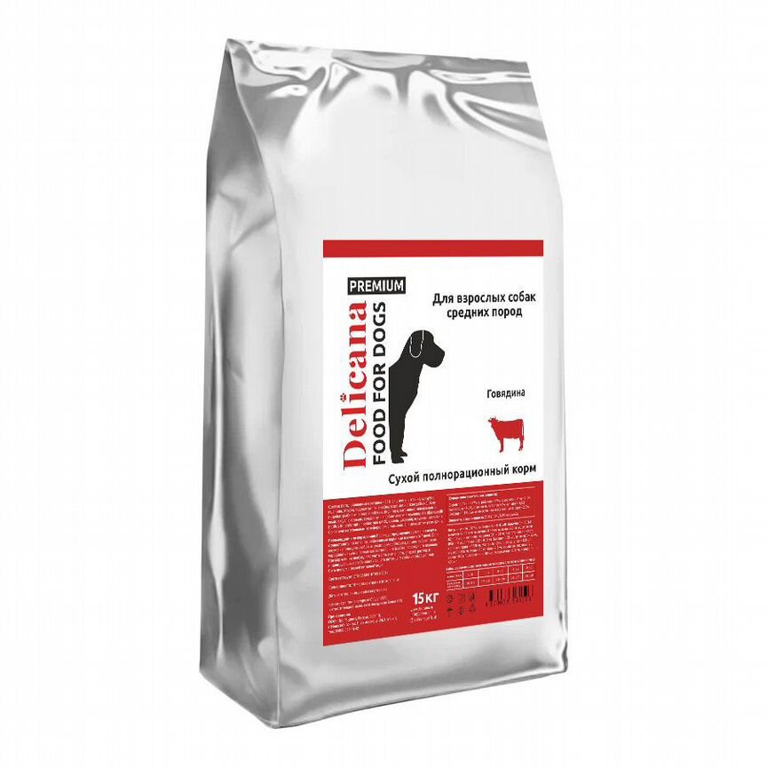 Корм для средних собак Delicana c говядиной 15кг