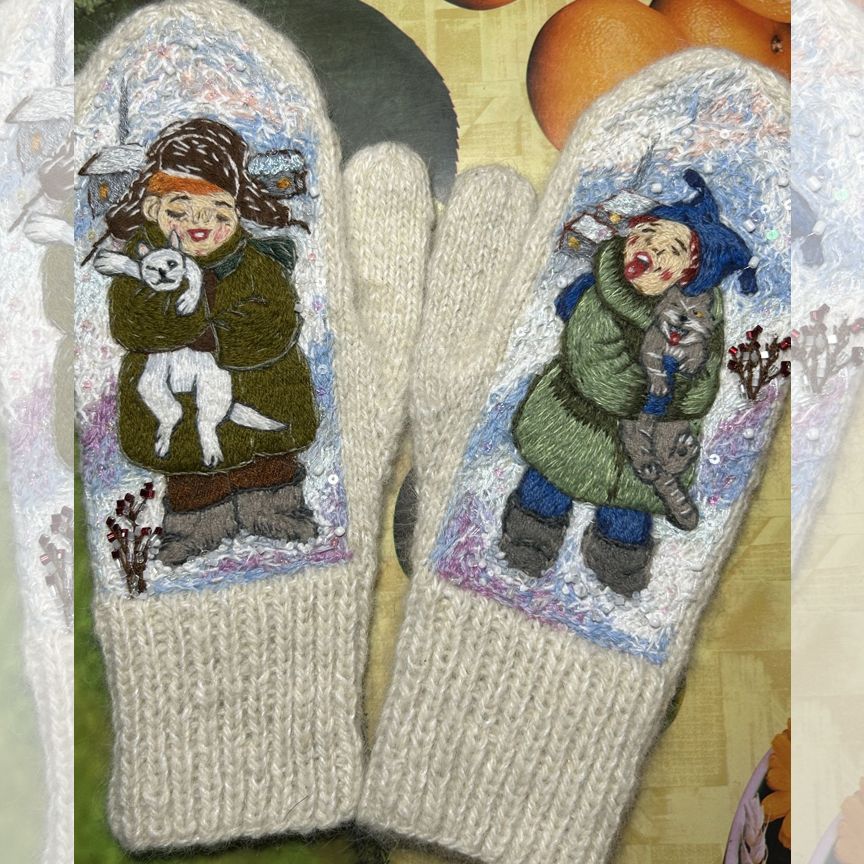 Варежки из пуха Самоеда с вышивкой